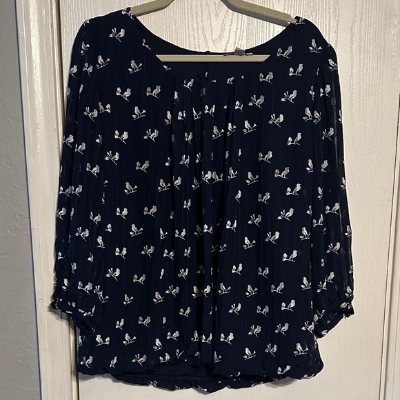 Tops | Navy Blue Blouse With White Bird Print | Poshmark
